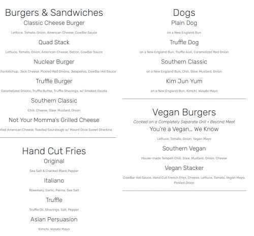 CowBar menu in Raleigh, North Carolina, USA