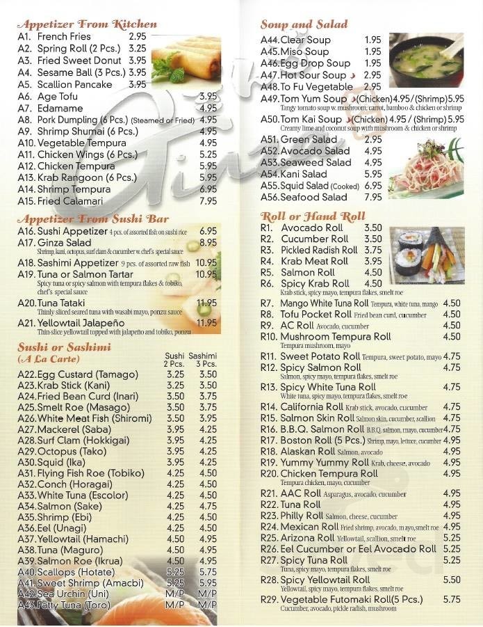 Ginza menu in Sarasota, Florida, USA