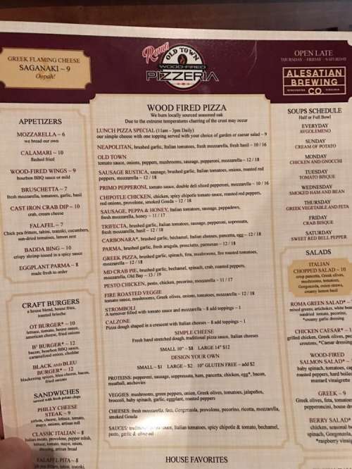 Roma Old Town Wood Fired Pizzeria menu in Winchester, Virginia, USA