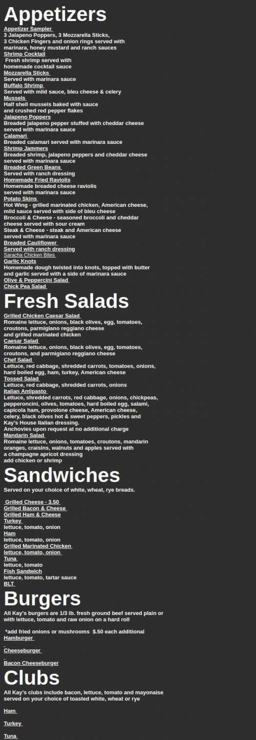 Kay's Italian Restaurant menu in Moscow, Pennsylvania, USA