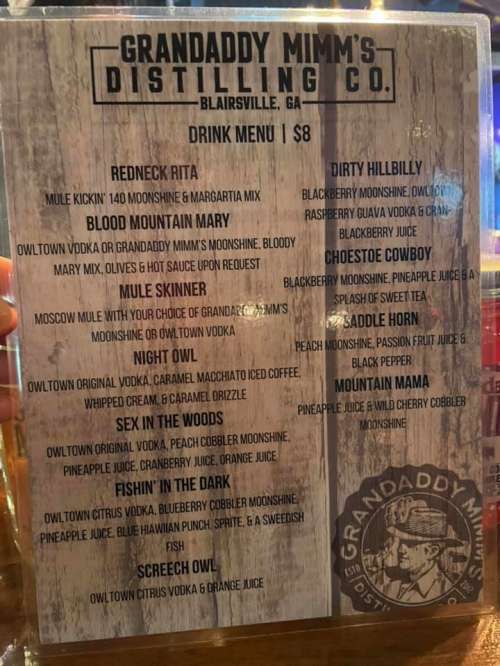 Grandaddy Mimm's Distilling Co. menu in Blairsville, Georgia, USA