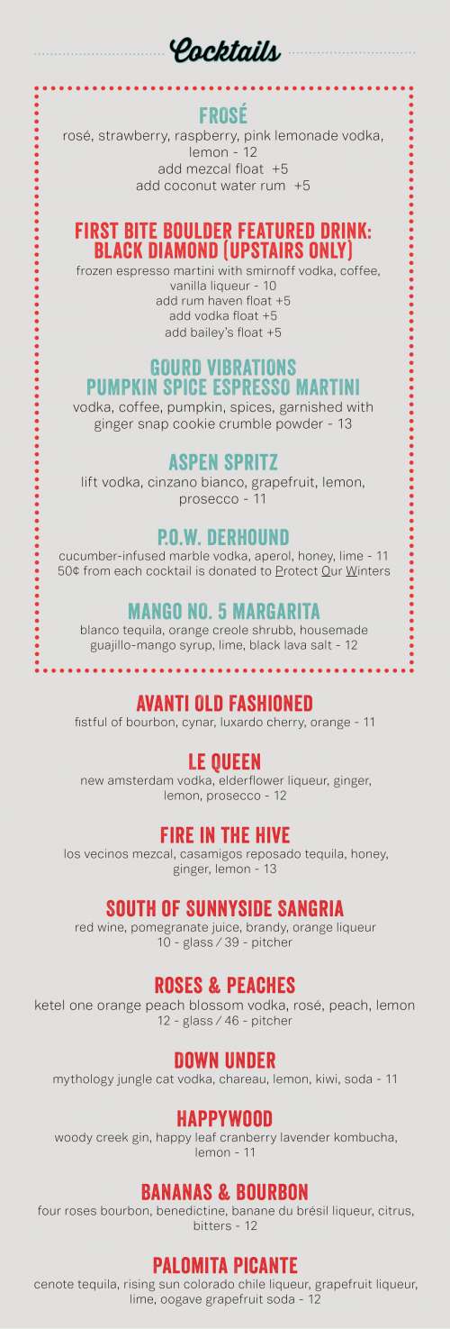 Avanti Food and Beverage, Boulder menu in Boulder, Colorado, USA