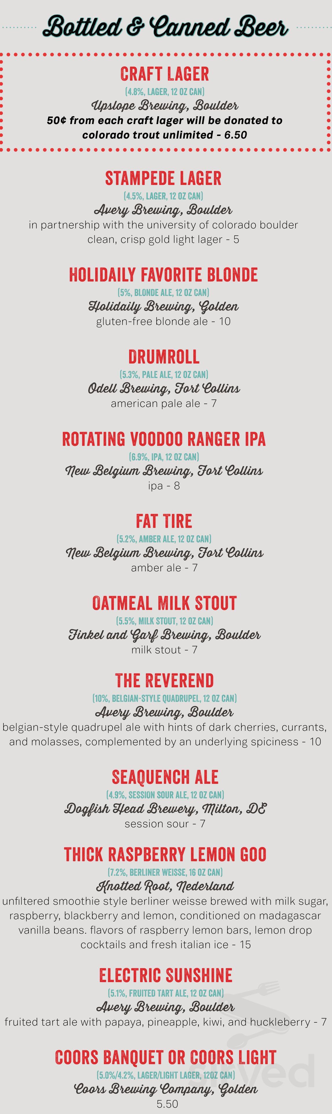 Avanti Food and Beverage, Boulder menu in Boulder, Colorado, USA