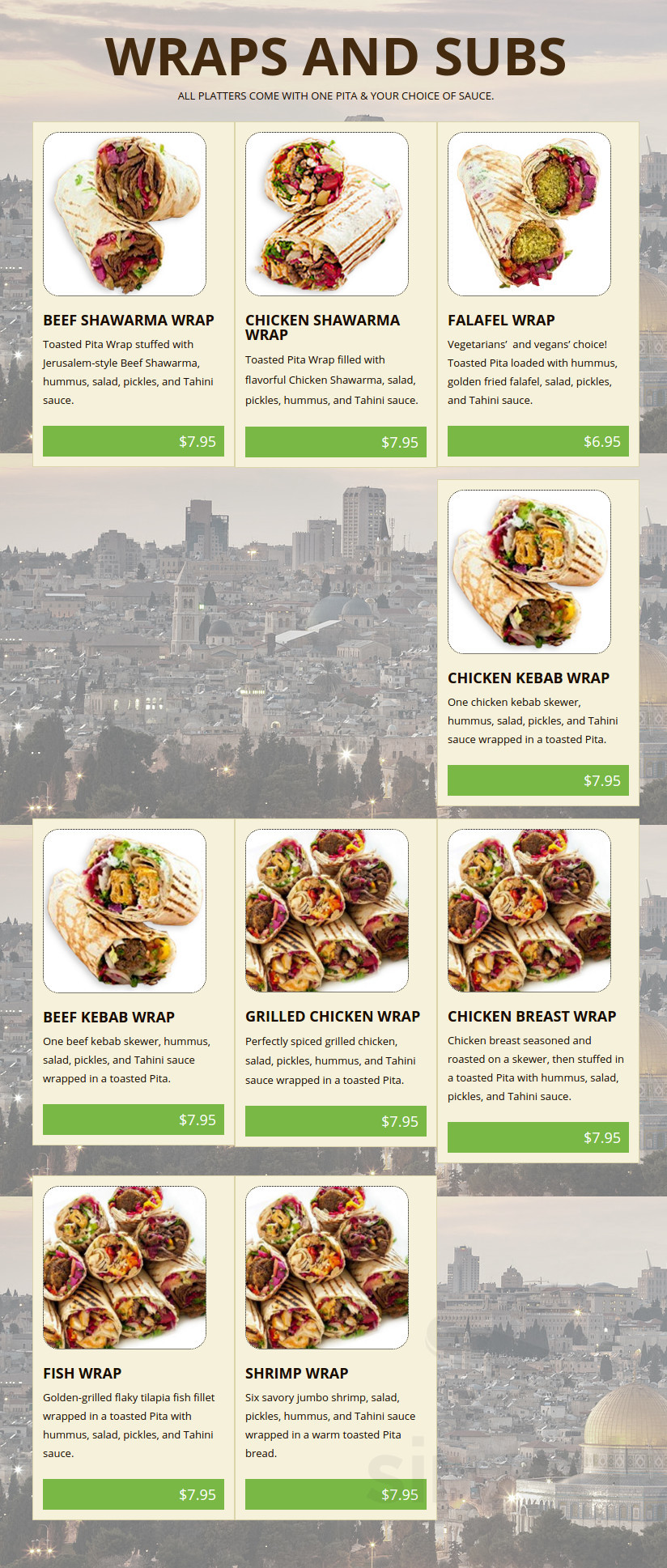 Yafa Grill (Taste Of Jerusalem) menu in Jacksonville, Florida, USA