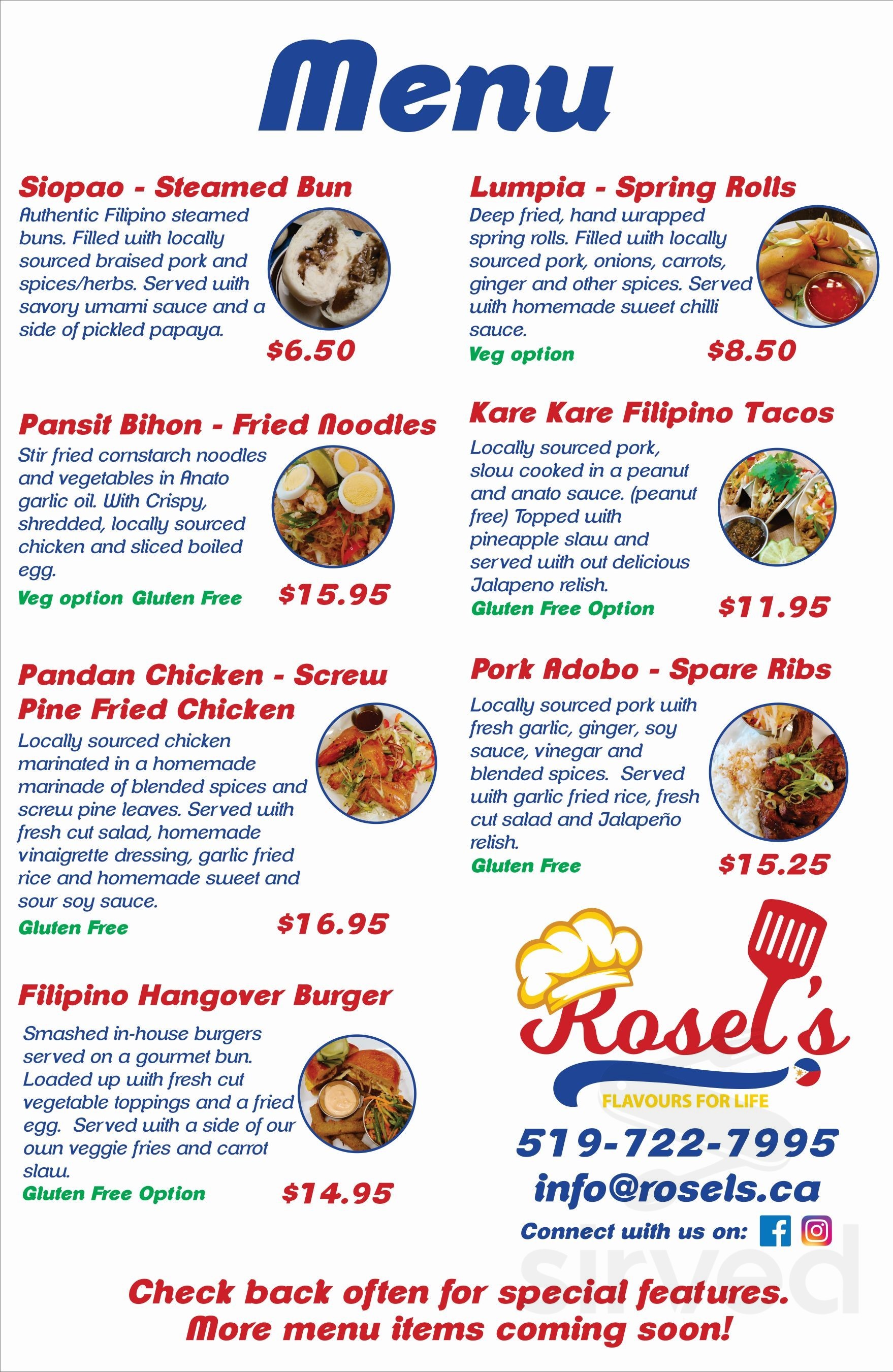 Menu for Rosel's - Authentic Filipino Food in Waterloo, ON | Sirved