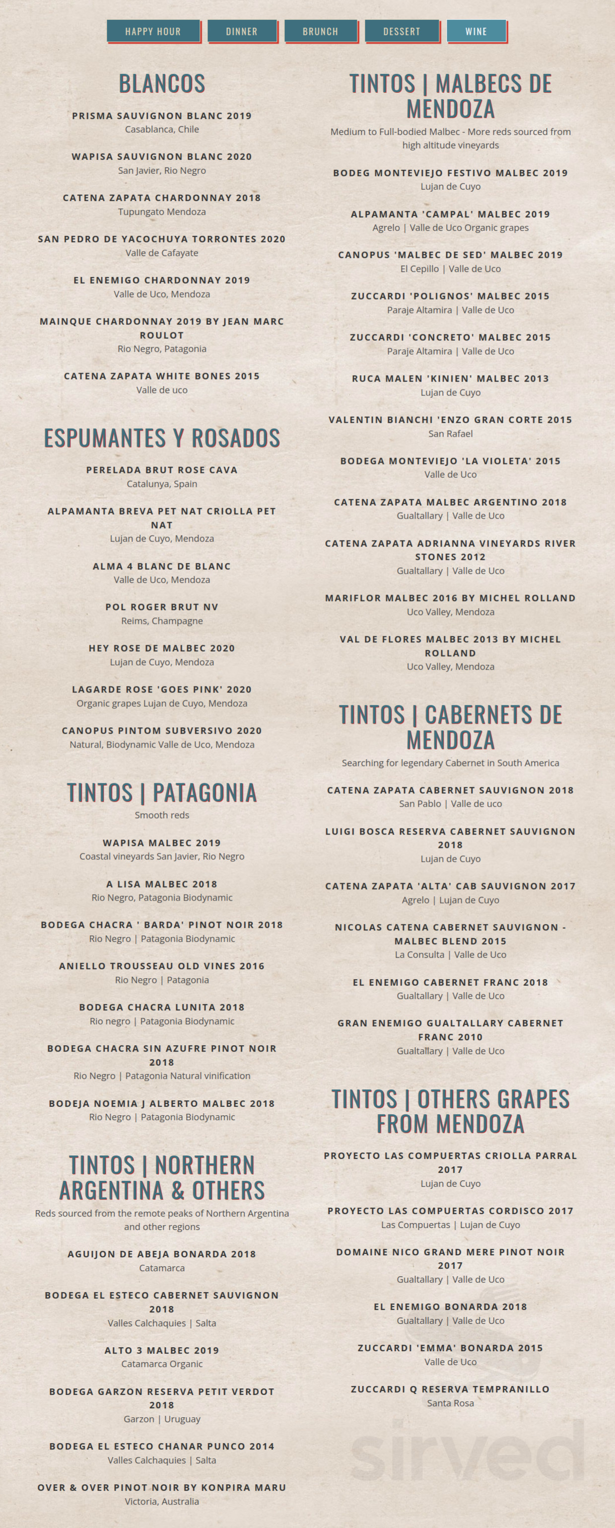 Balvanera menu in New York, New York, USA