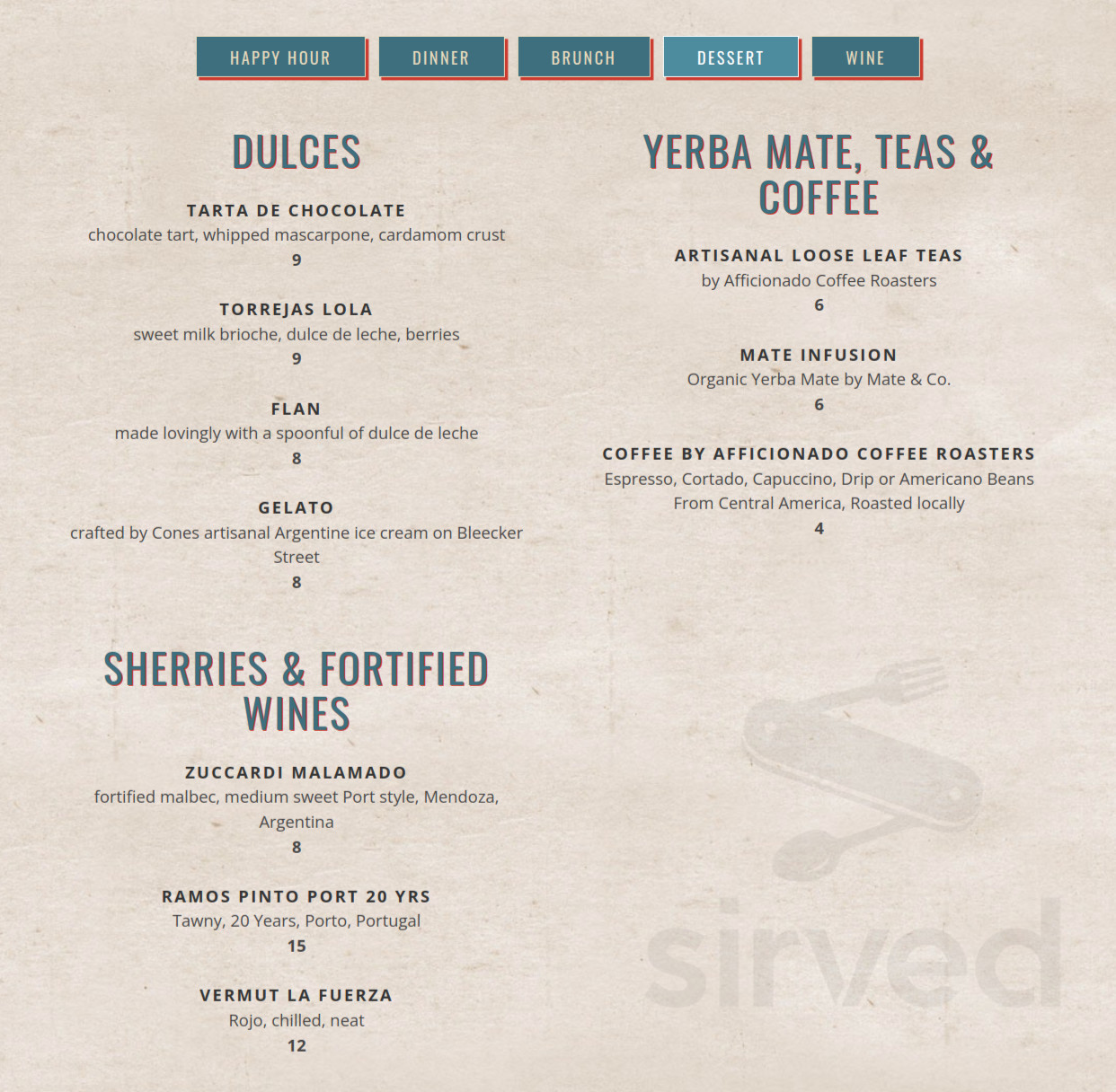 Balvanera menu in New York, New York, USA