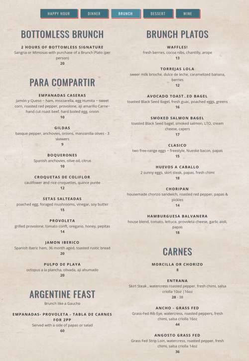 Balvanera menu in New York, New York, USA