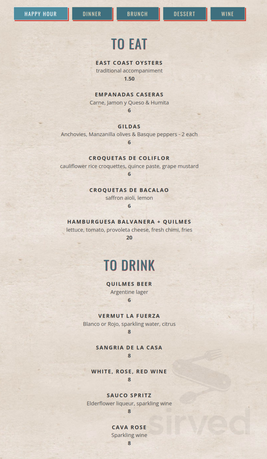 Balvanera menu in New York, New York, USA