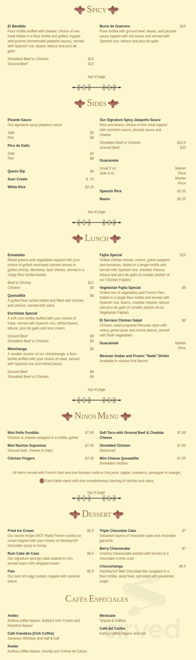 El Serrano menu in Lancaster, Pennsylvania, USA