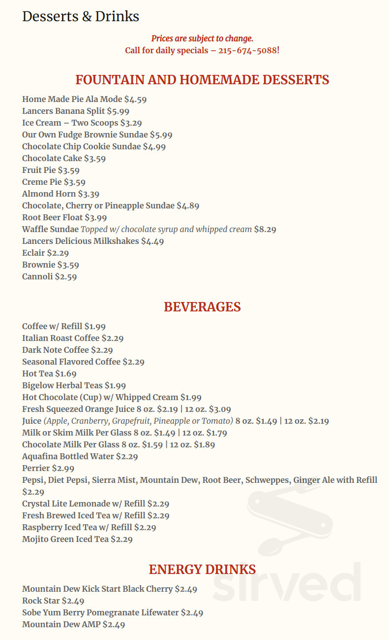 Lancers Diner menu in Horsham, Pennsylvania, USA