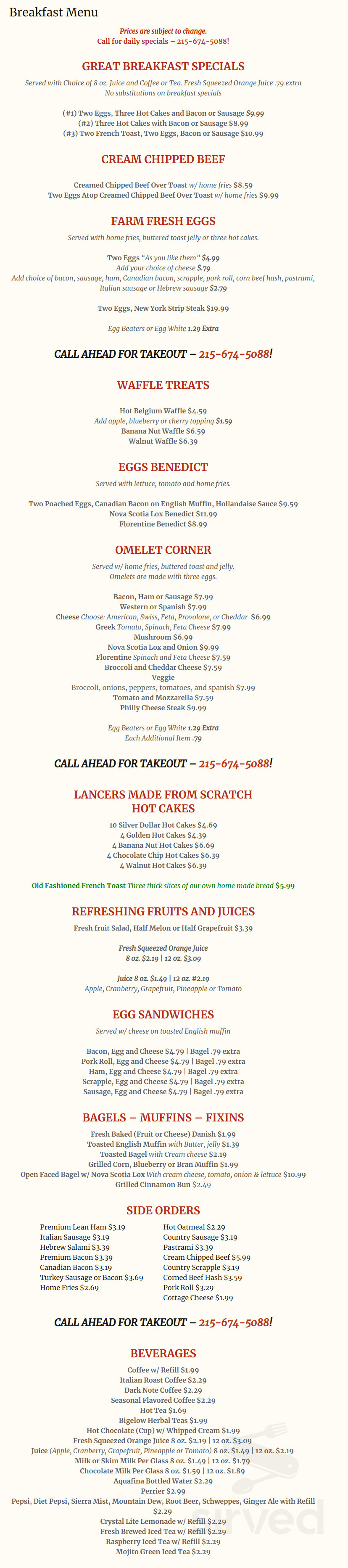 Lancers Diner menu in Horsham, Pennsylvania, USA