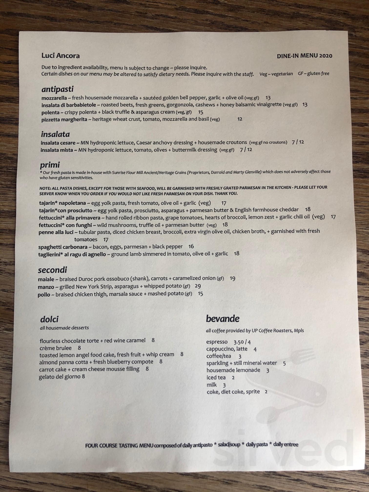 Menu - St Paul MN's Luci Ancora | Sirved