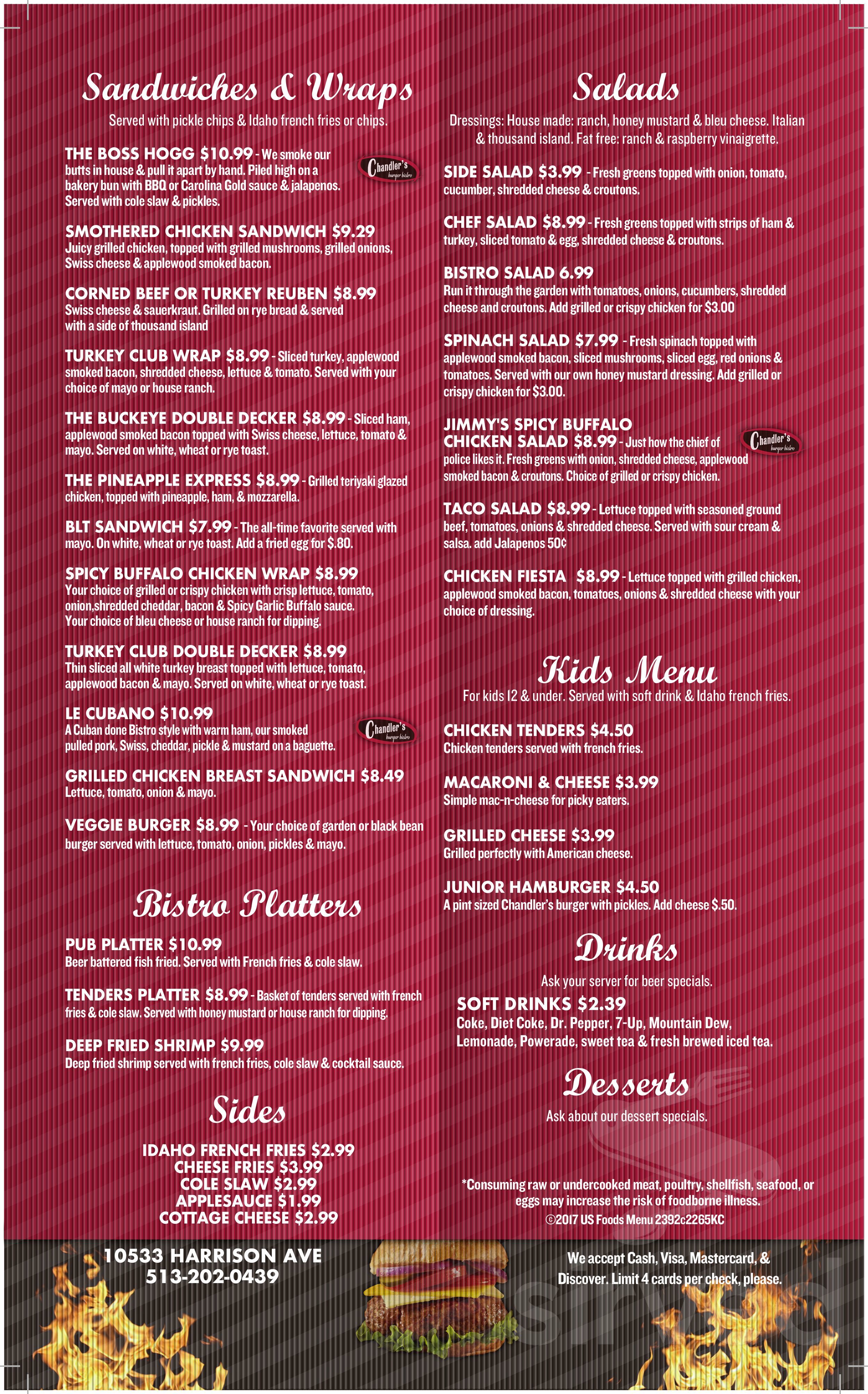 Chandler's Burger Bistro menu in Harrison, Ohio, USA