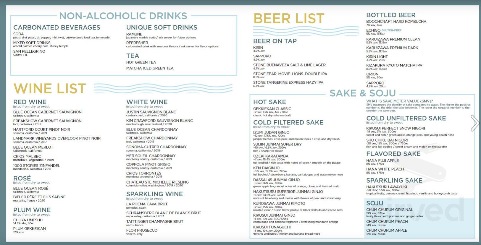 Blue Ocean / Harumama menu in La Jolla, California, USA