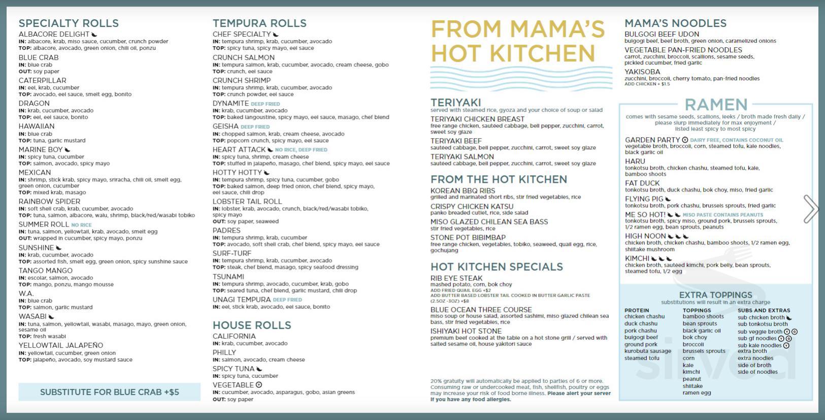 Blue Ocean / Harumama menu in La Jolla, California, USA