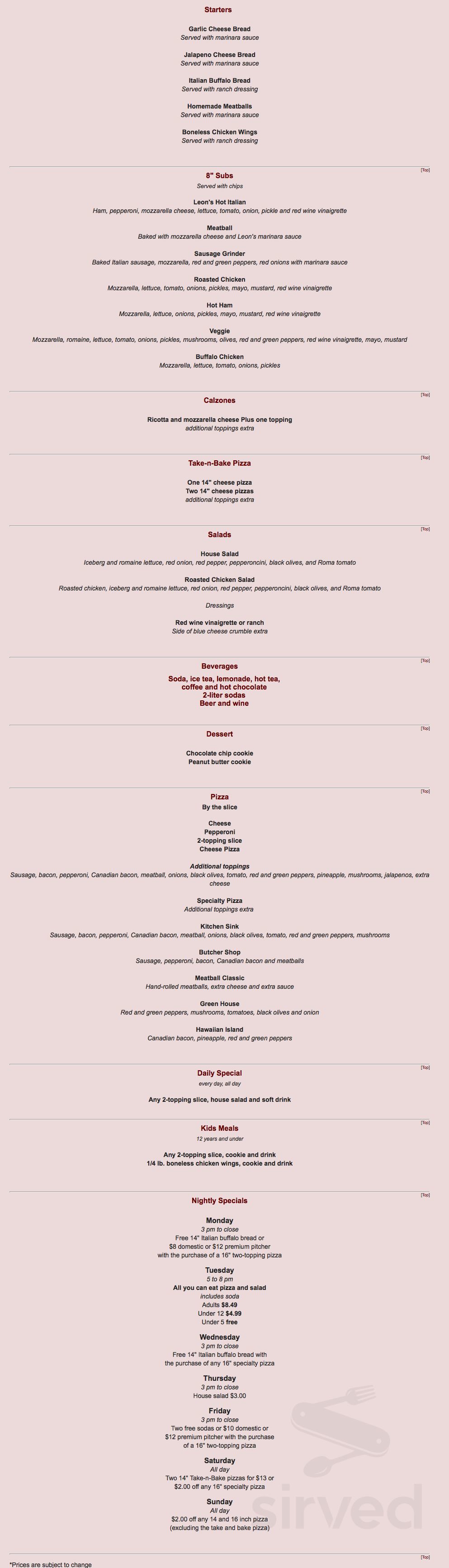 Menu for Leon Gessi New York Pizza in Colorado Springs, CO | Sirved