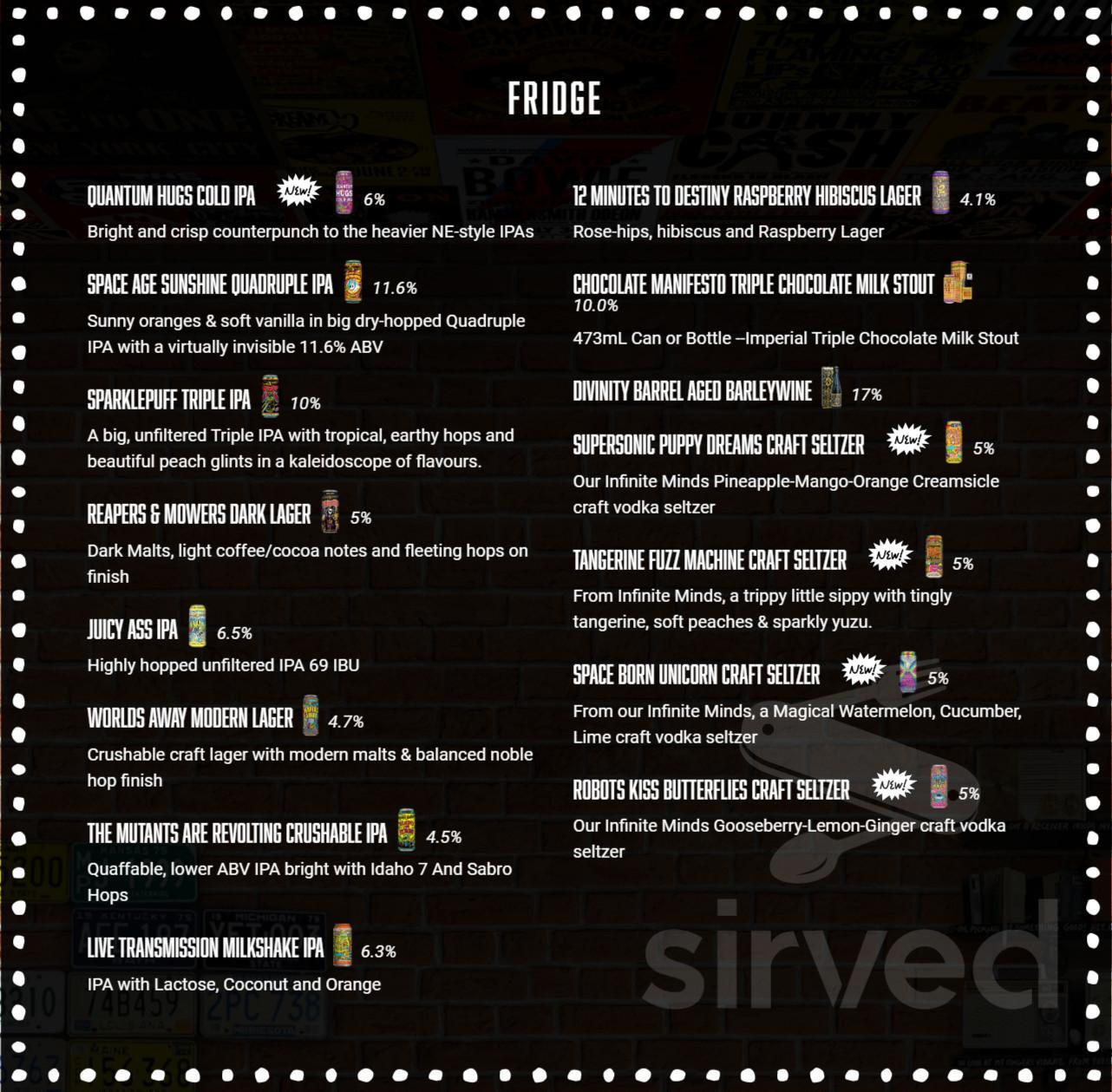 Flying Monkeys Craft Brewery menus in Barrie, Ontario, Canada