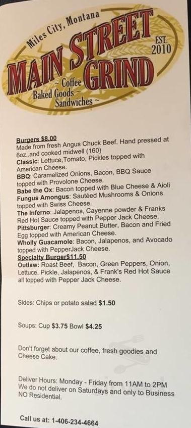 Main Street Grind menu in Miles City, Montana, USA