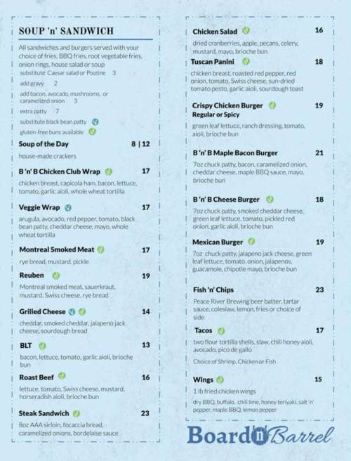 Board 'n' Barrel menu in Peace River, Alberta, Canada