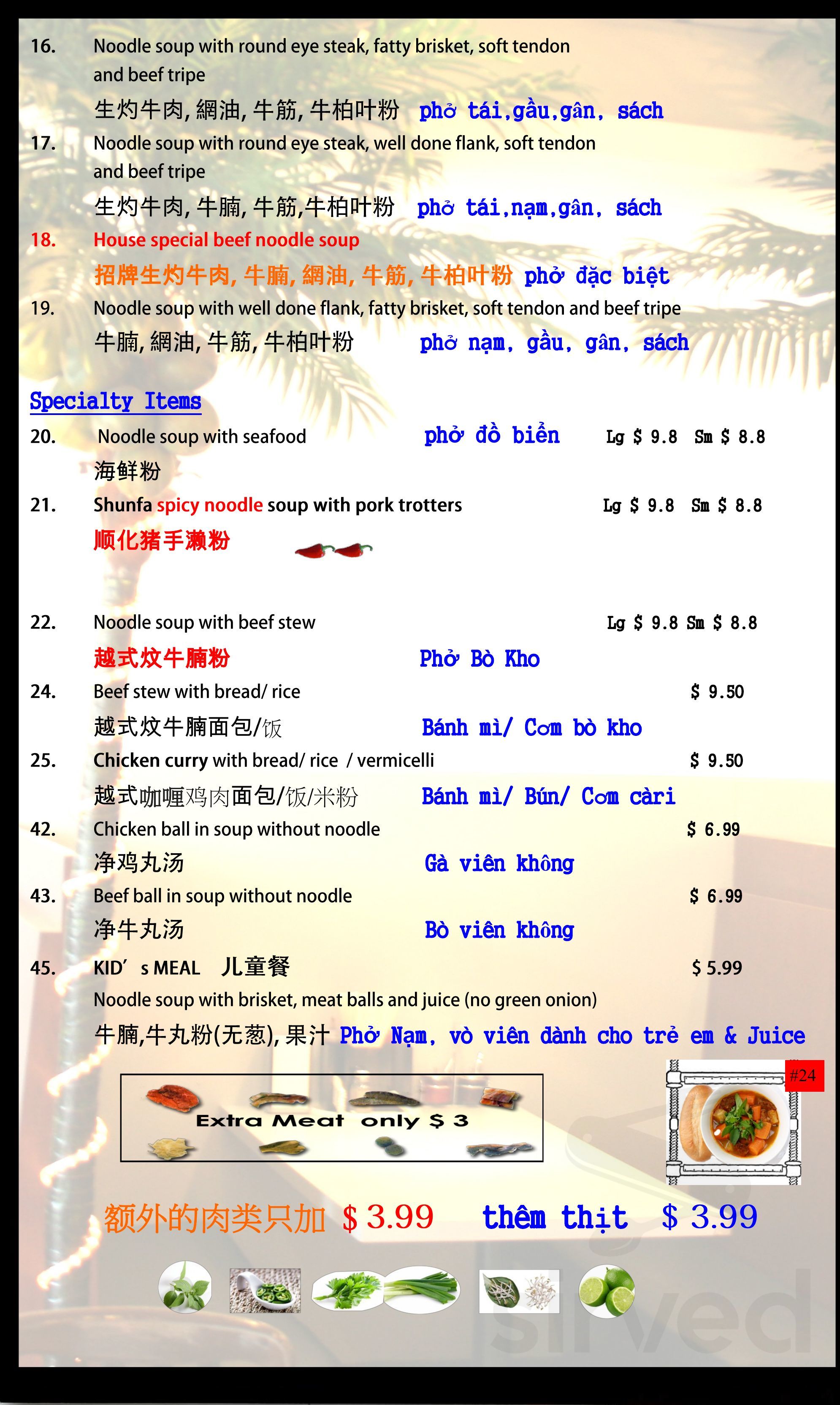 Pho 99 Vietnamese Noodle House menus in Coquitlam, British Columbia, Canada