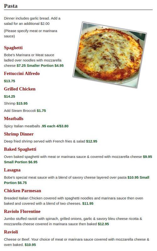 Bobe's Pizza Express menu in Washington, Indiana, USA