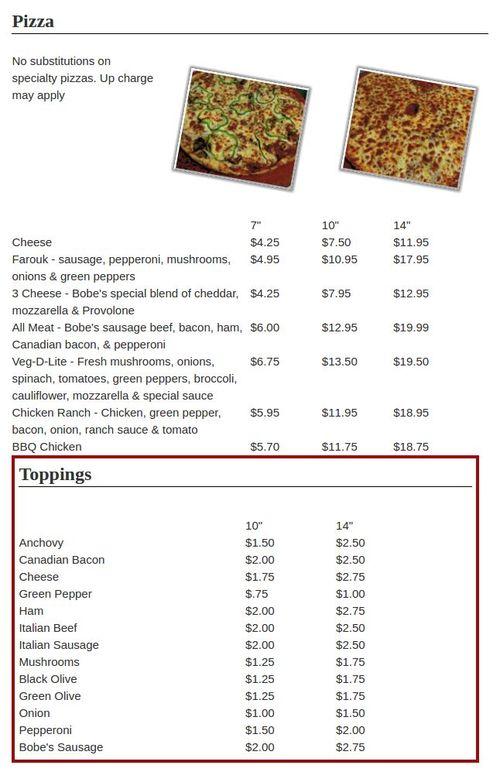 Bobe's Pizza Express menu in Washington, Indiana, USA