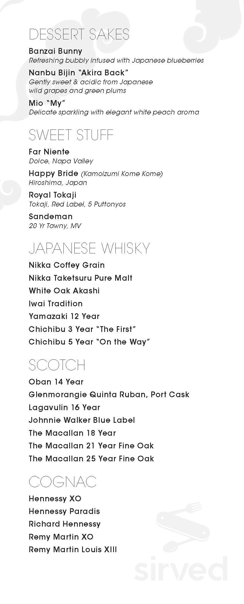 Yellowtail Japanese Restaurant & Lounge menu in Las Vegas, Nevada, USA