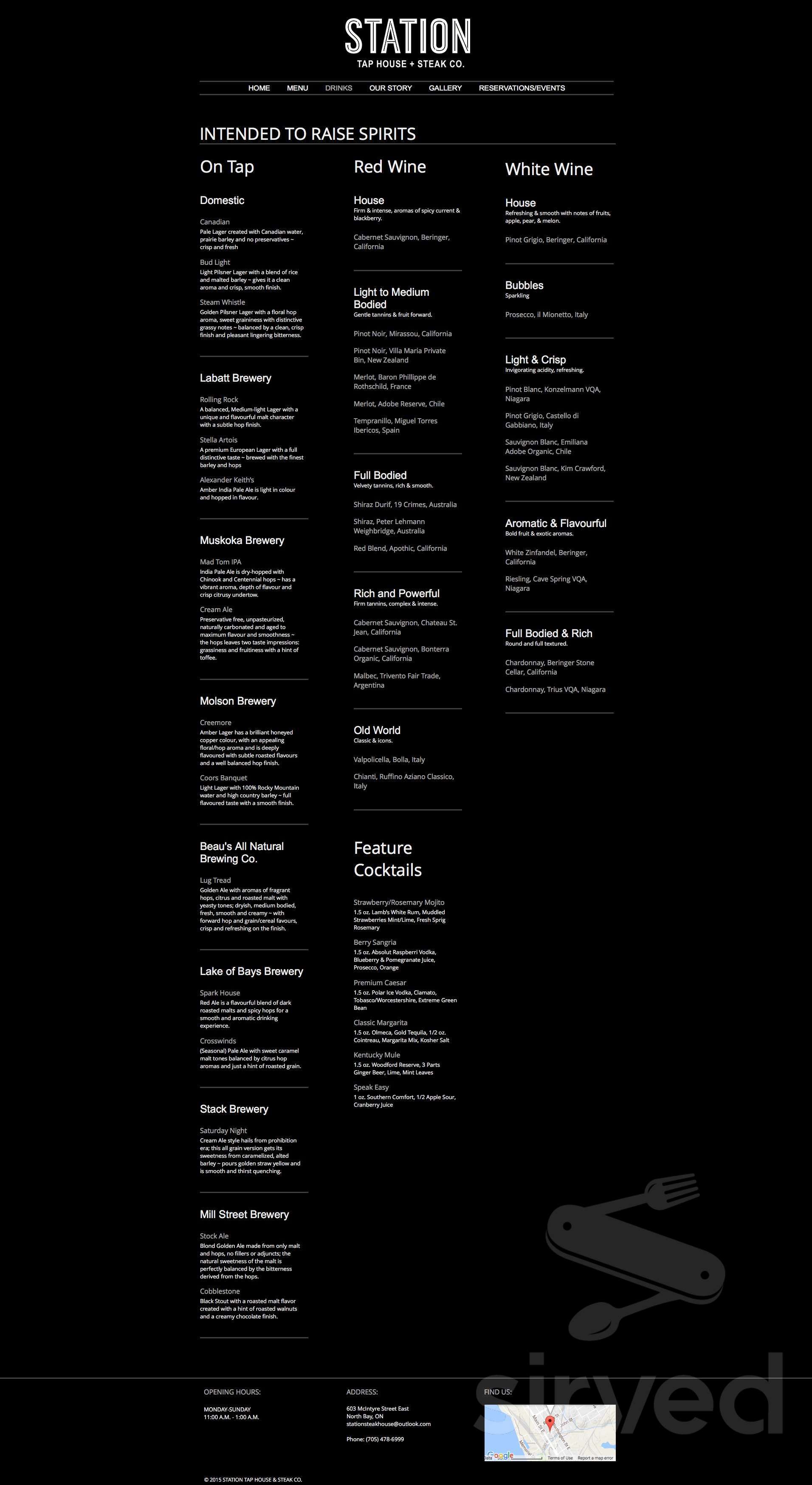 Station Tap House & Steak Co menu in North Bay, Ontario, Canada