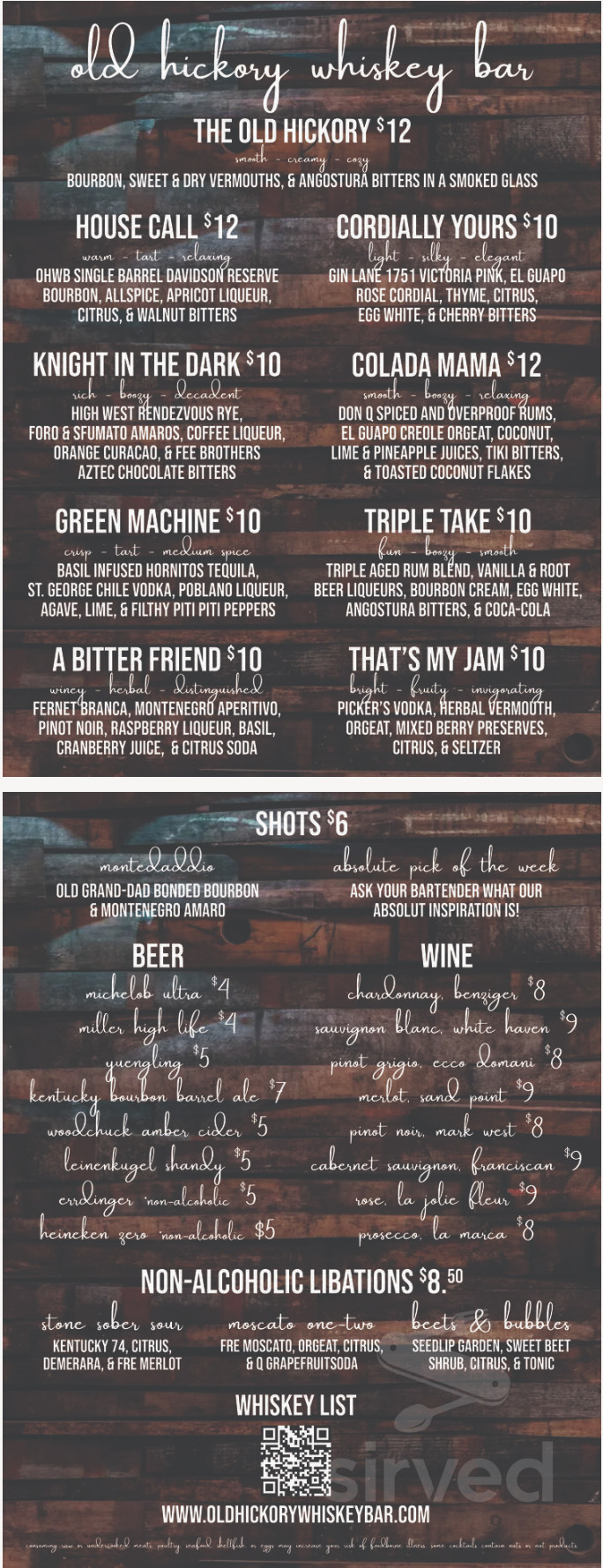 Old Hickory Whiskey Bar menu in Pensacola, Florida, USA