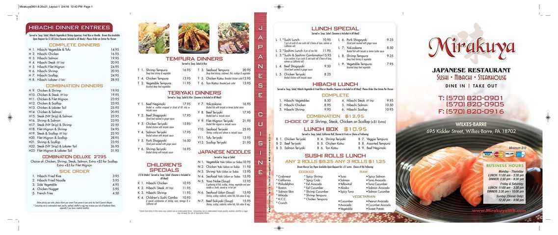 Mirakuya Japanese Restaurant menu in Wilkes-Barre Township ...