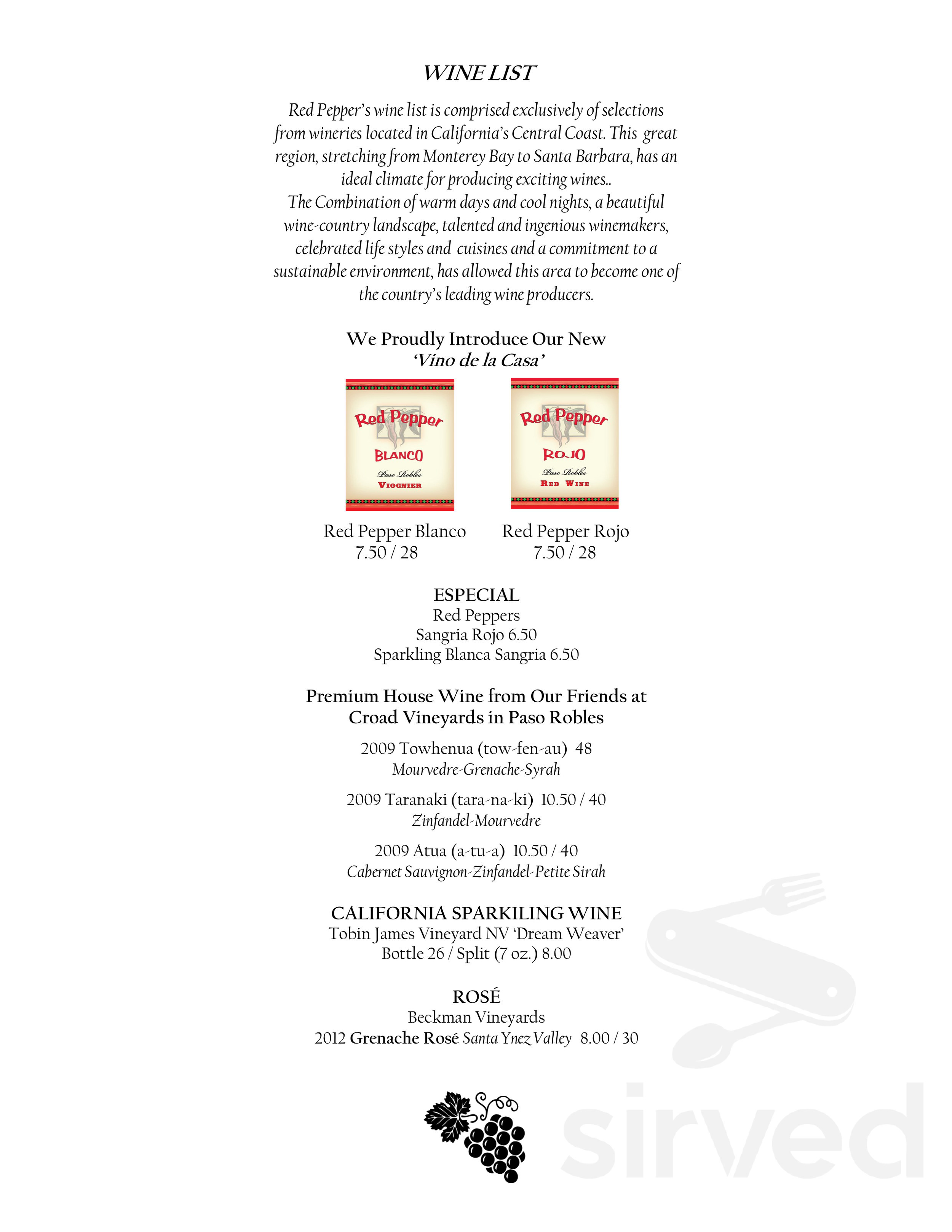 Red Pepper Restaurant menu in Bakersfield, California, USA