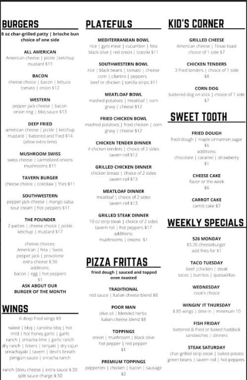 Tavern 26 menu in Campbell, Ohio, USA