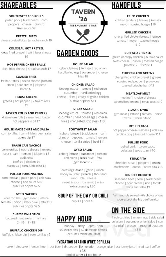 Tavern 26 menu in Campbell, Ohio, USA