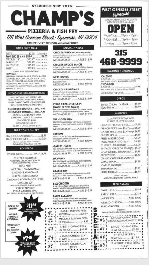 Champ's Pizzeria & Fish Fry menu in Syracuse, New York, USA