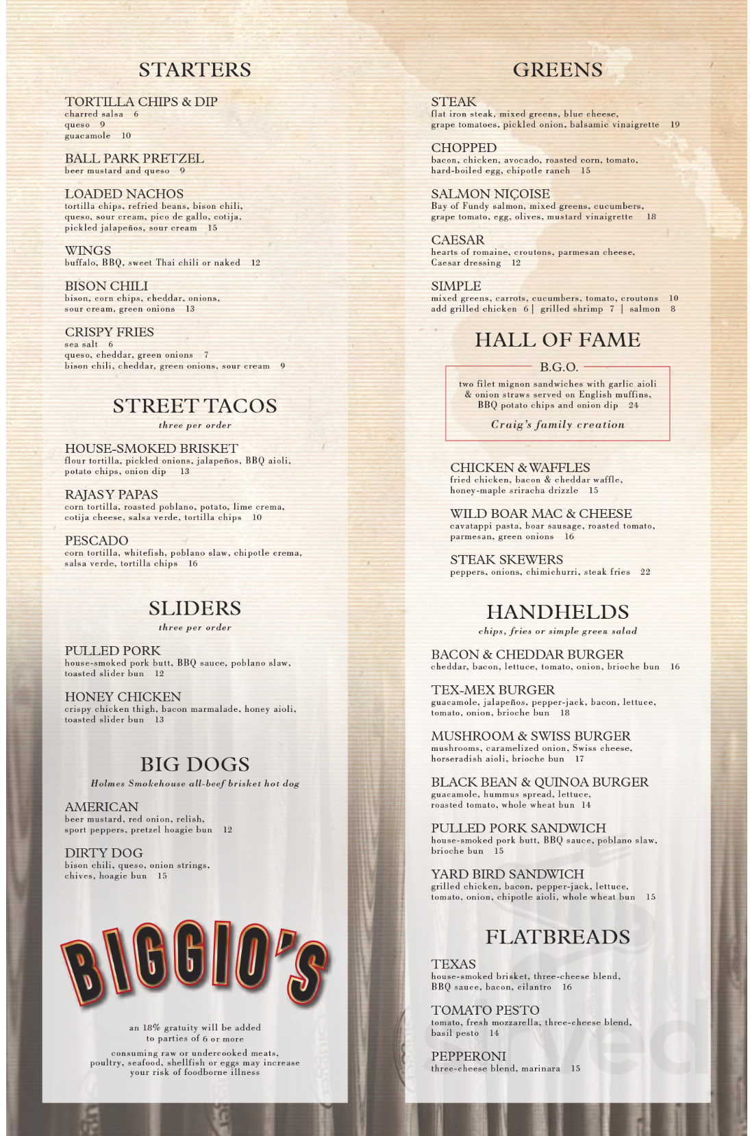 Biggio's menu in Houston, Texas, USA