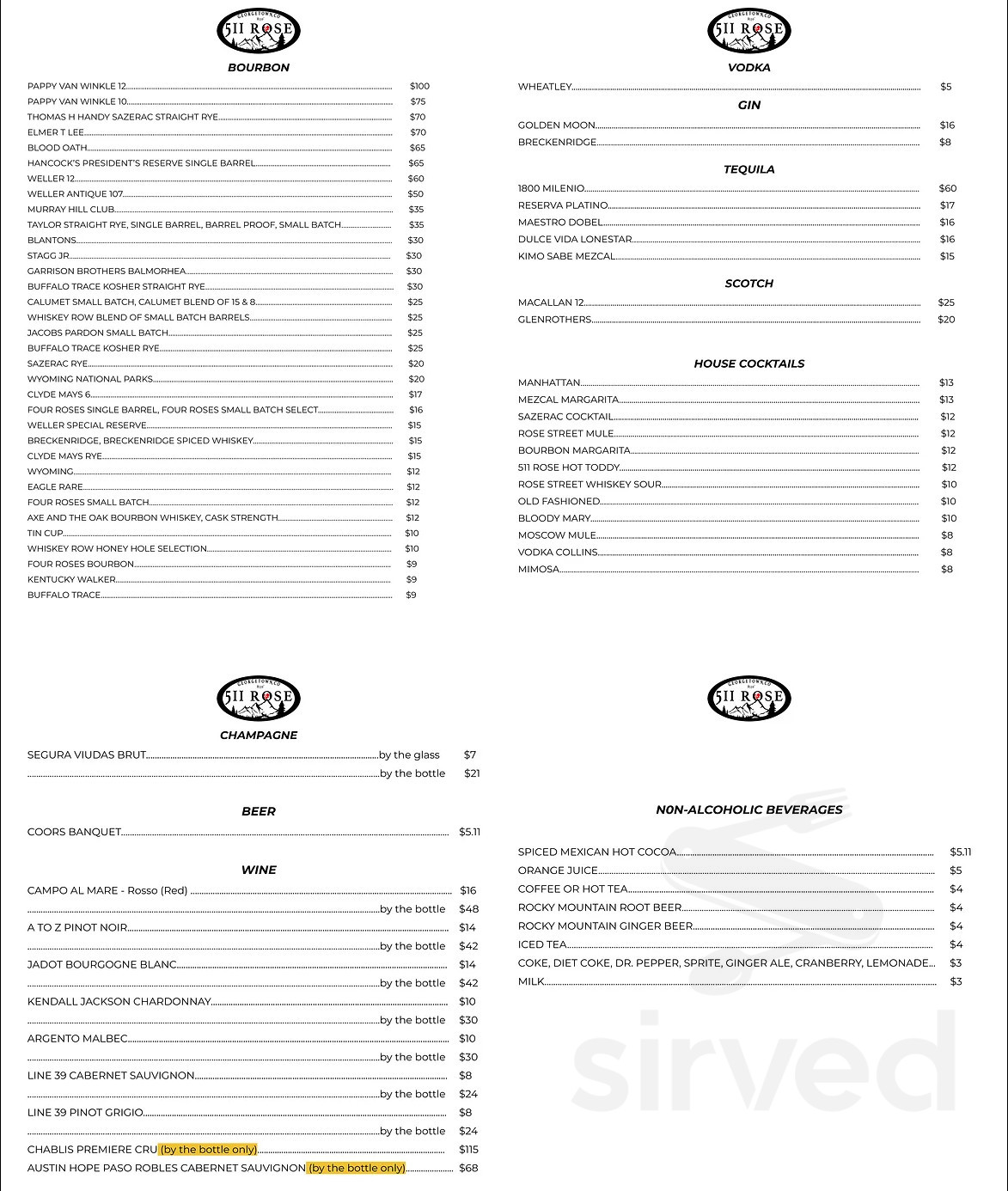 511 ROSE menu in Georgetown, Colorado, USA