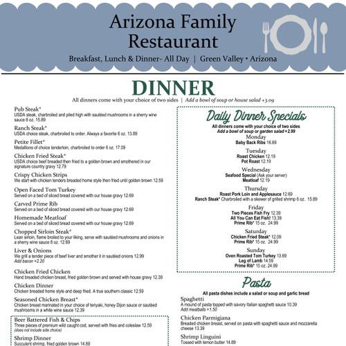 Arizona Family Restaurant menu in Green Valley, Arizona, USA
