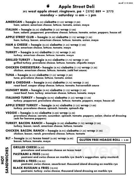 Apple Street Deli menu in Ringtown, Pennsylvania, USA