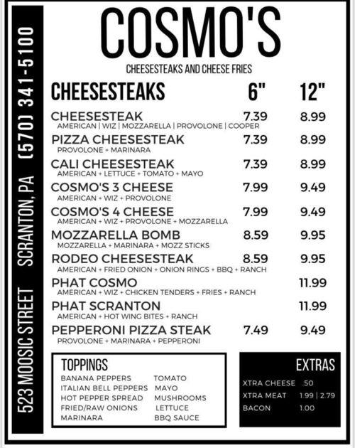 Cosmo's menu in Scranton, Pennsylvania, USA