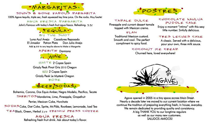 Agave menu in Ashland, Oregon, USA