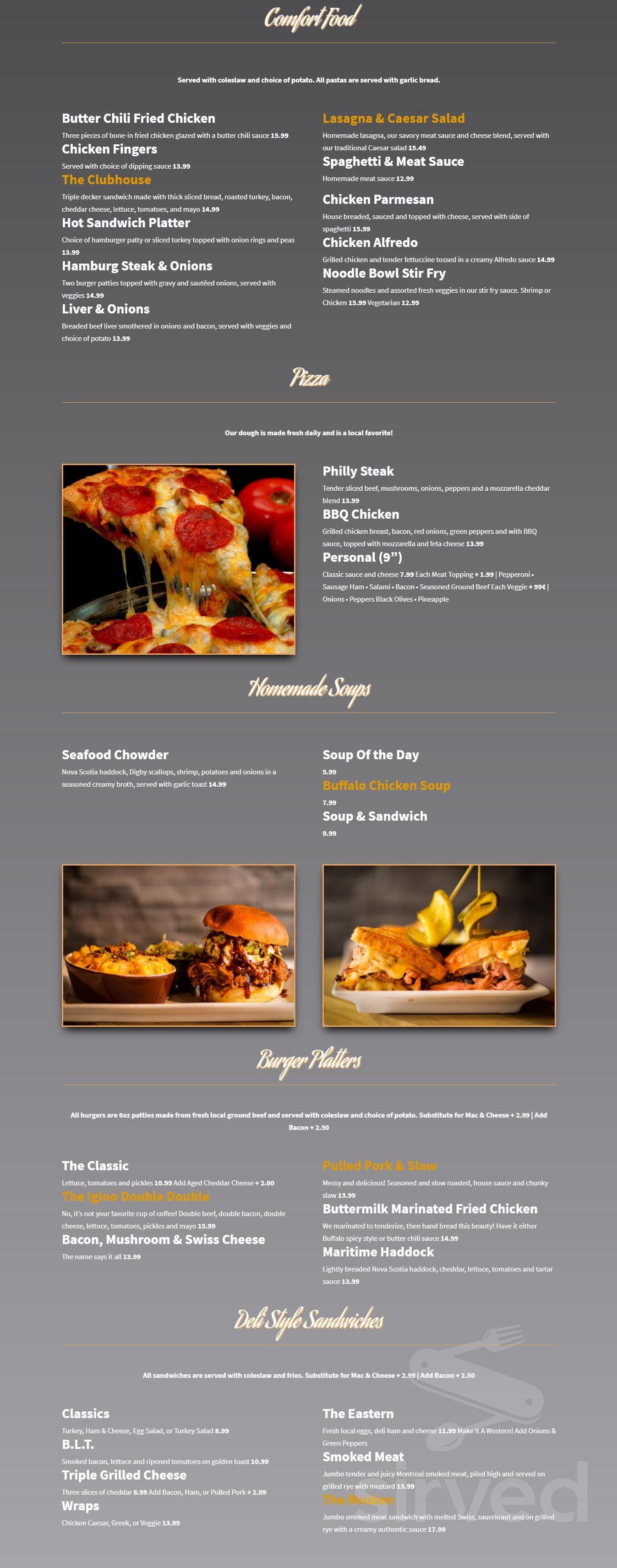 Menu for Igloo Beverage Room in Moncton, NB | Sirved