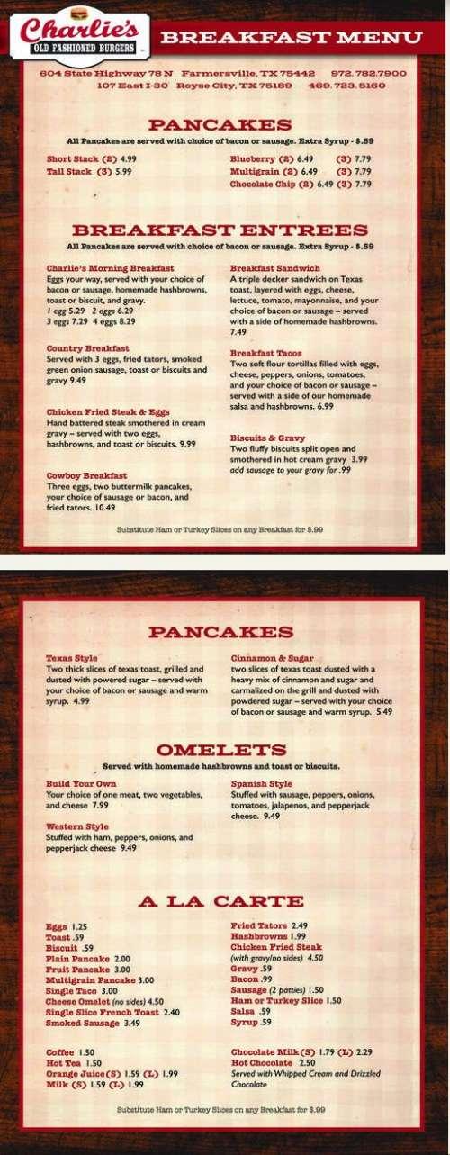 Charlie's Old Fashioned Burgers menu in Farmersville, Texas, USA