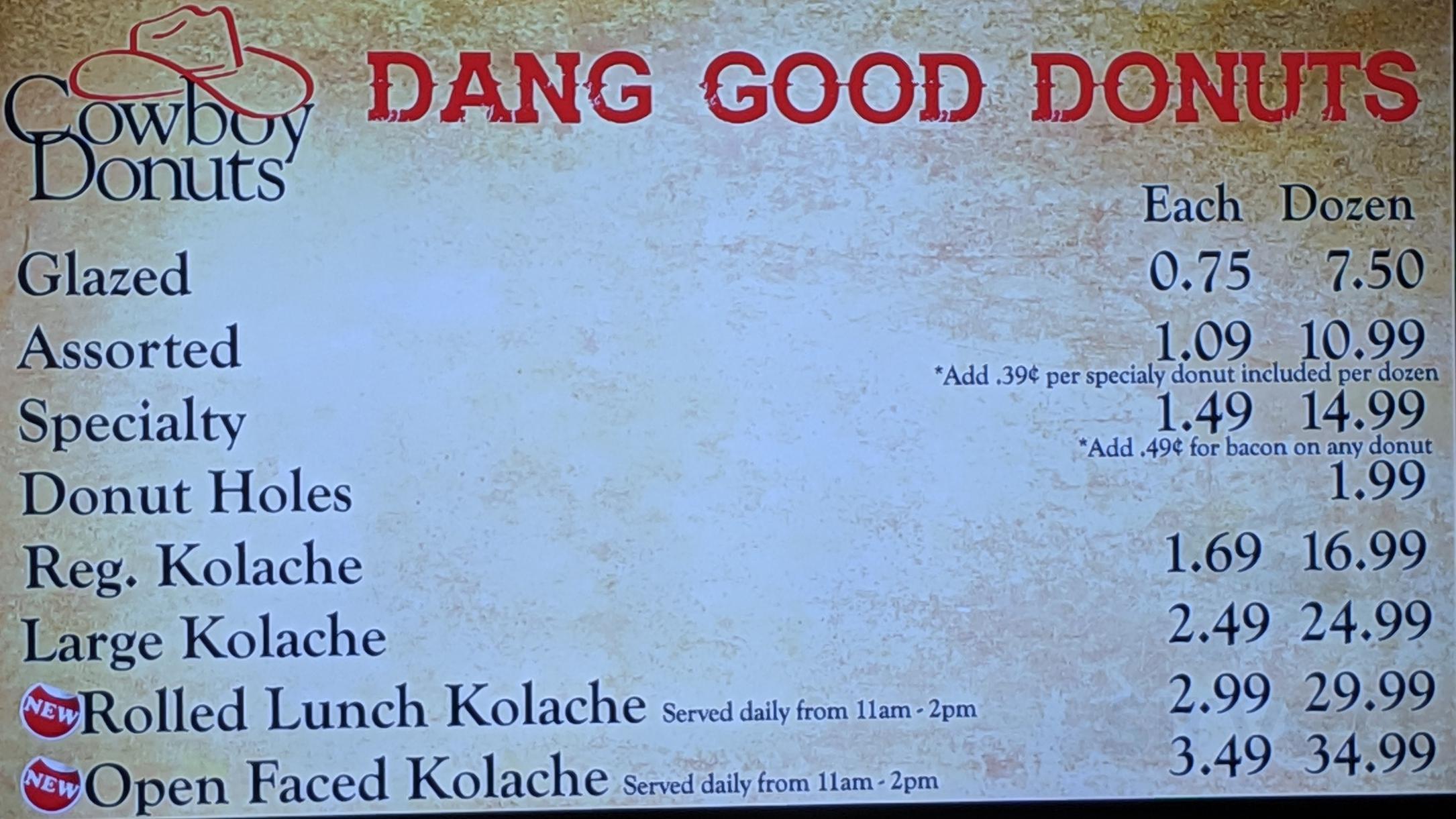 Cowboy Donuts menu in Rock Springs, Wyoming, USA