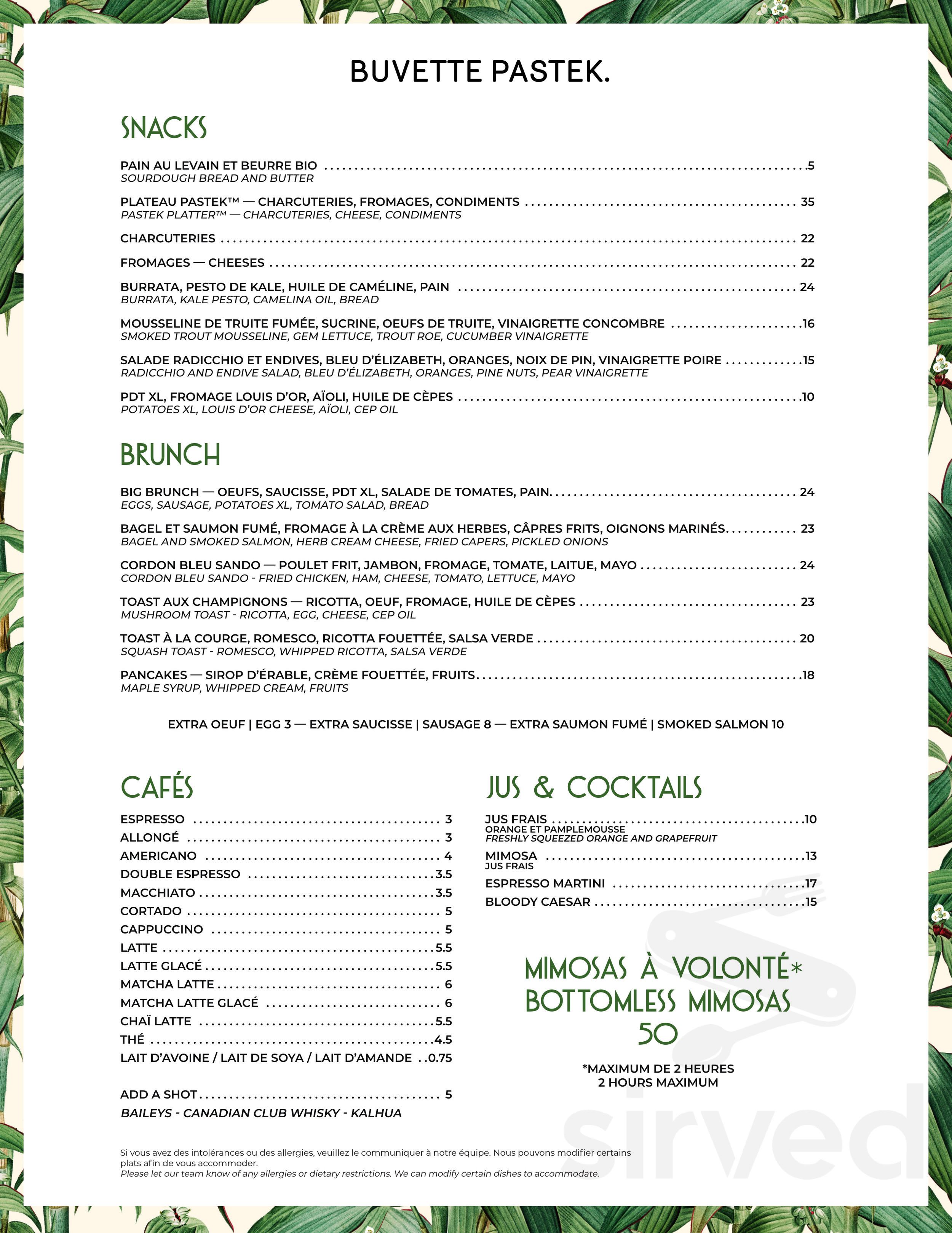 Buvette Pastek menu in Montreal, Quebec H2Y 2A1, Canada