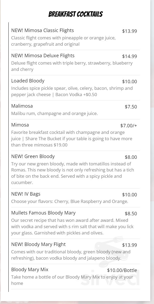 Mullets Restaurant menu in Des Moines, Iowa, USA