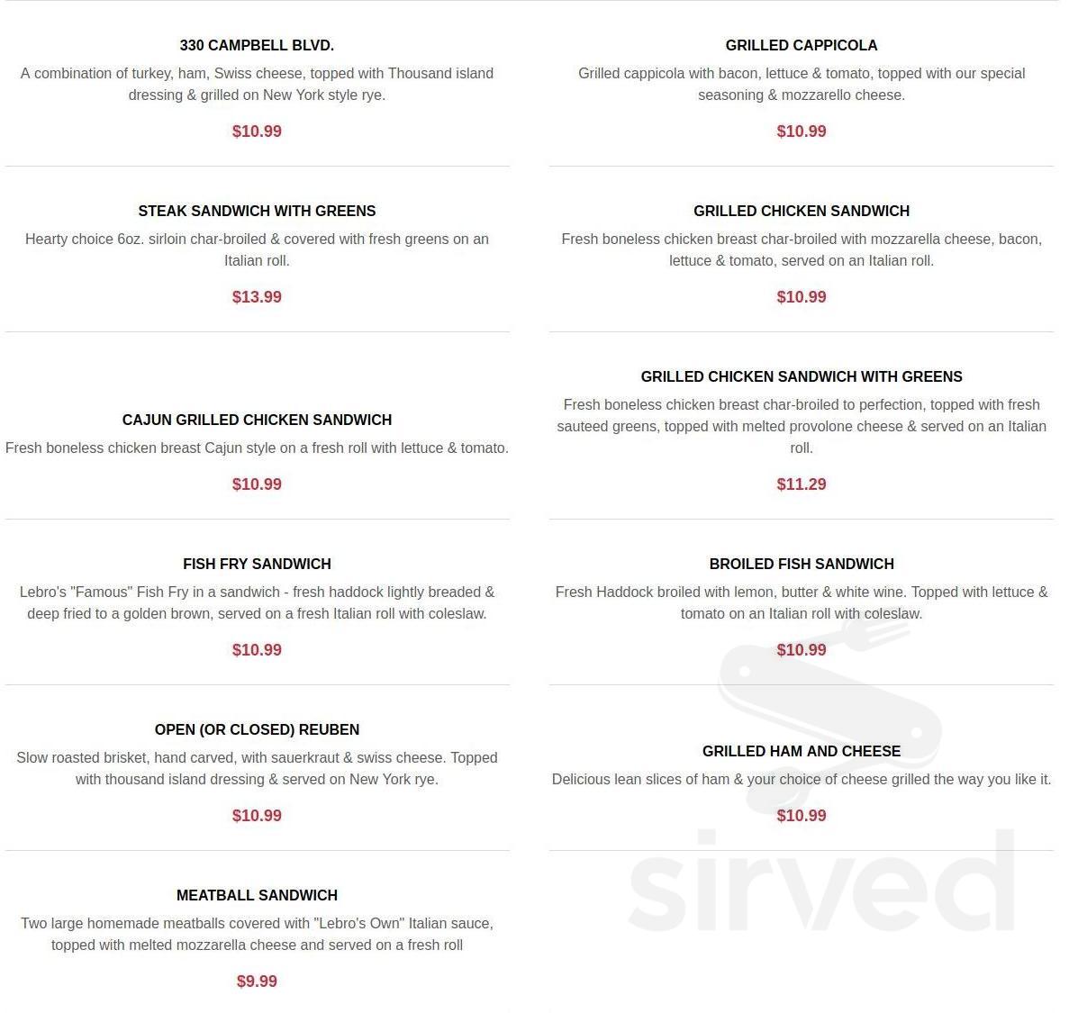 Lebro's Restaurant menu in Getzville, New York, USA