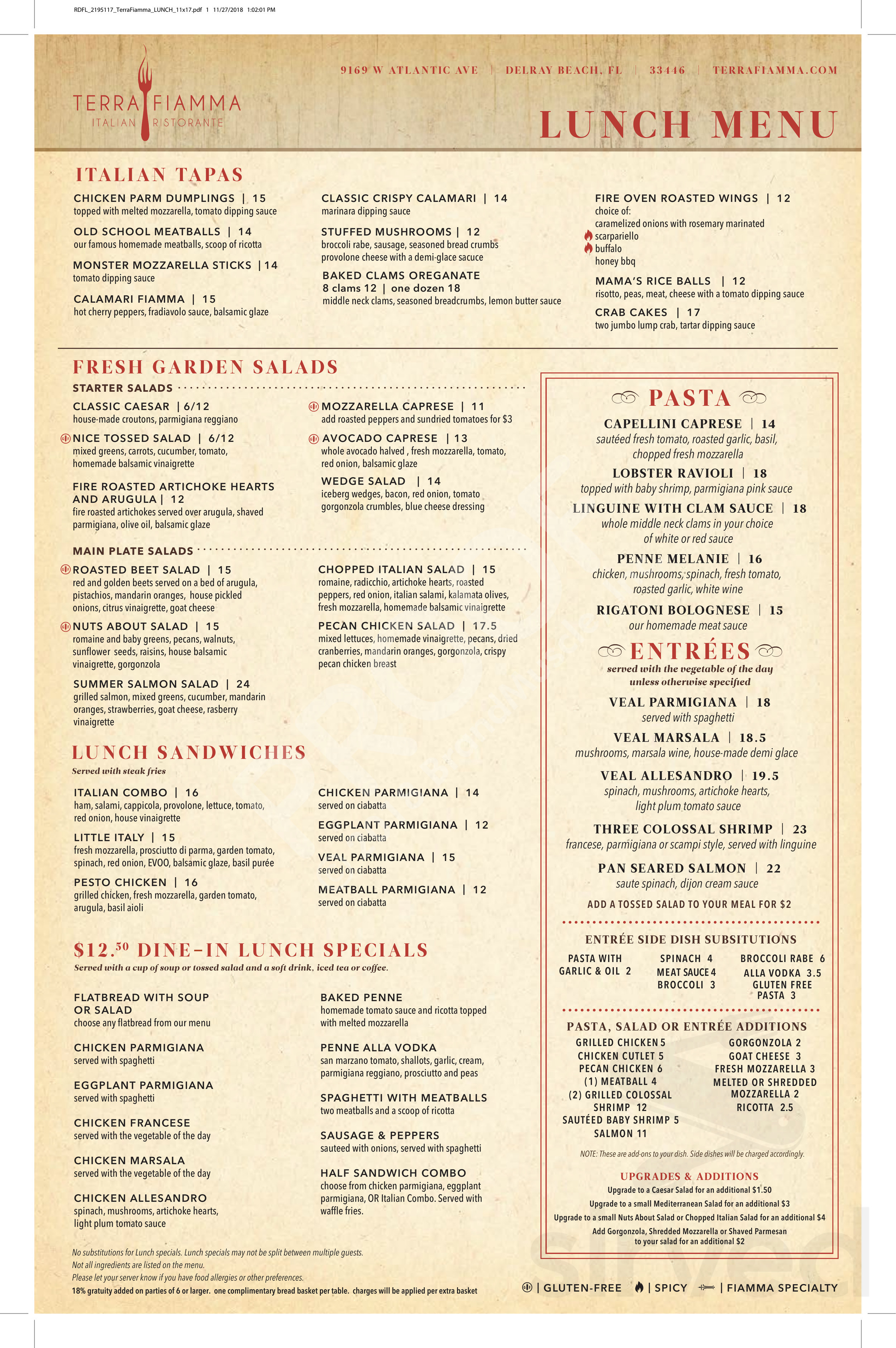 Terra Fiamma menu in Delray Beach, Florida, USA