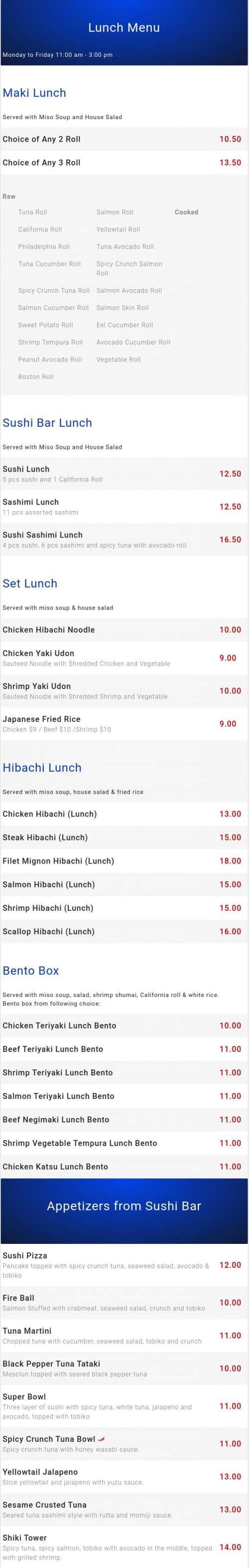 Shiki Hibachi & Sushi menu in Stamford, Connecticut, USA