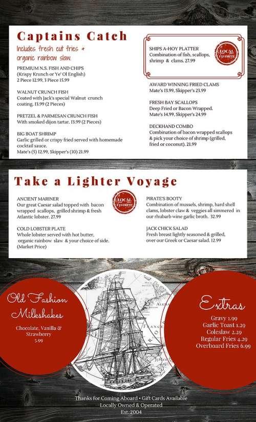 Skipper Jack's Maritime Restaurant menu in Moncton, New Brunswick, Canada
